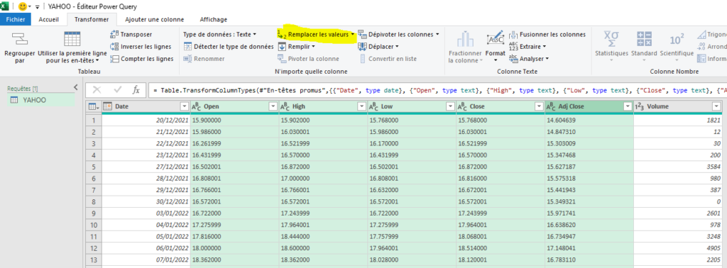 EXCEL : Lire les données boursières Yahoo Finance à l’aide d’une requête web et de Power Query ...